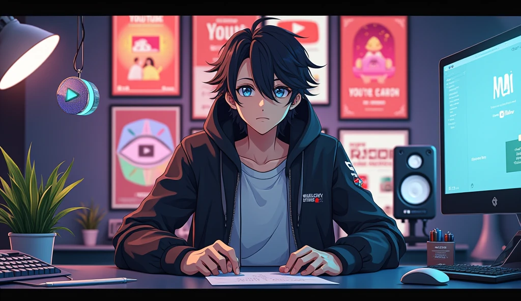 Create a anime boy who have a mature looking like a man facing in front ...