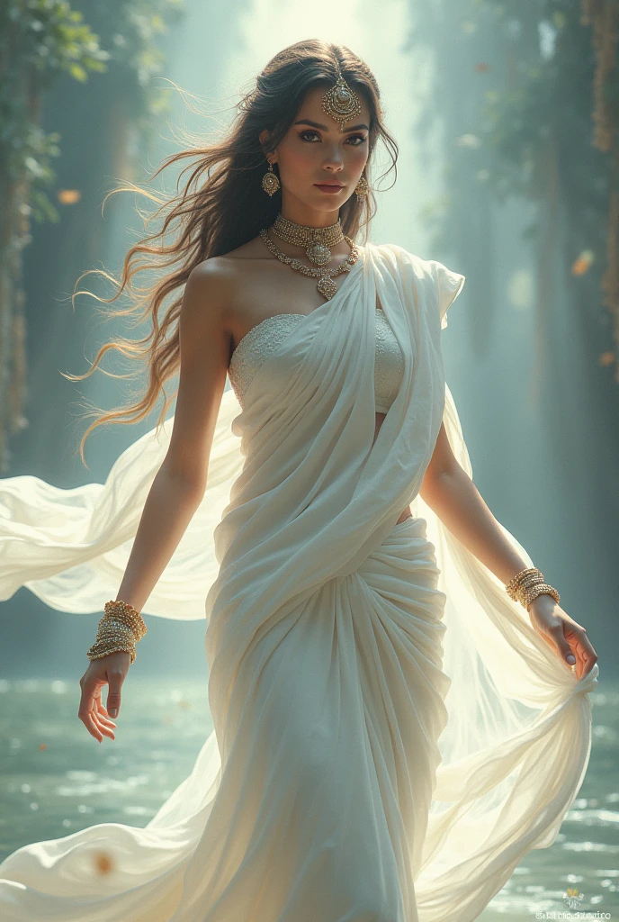 Hindu mythology based beautiful lady Wiering white saree - SeaArt AI
