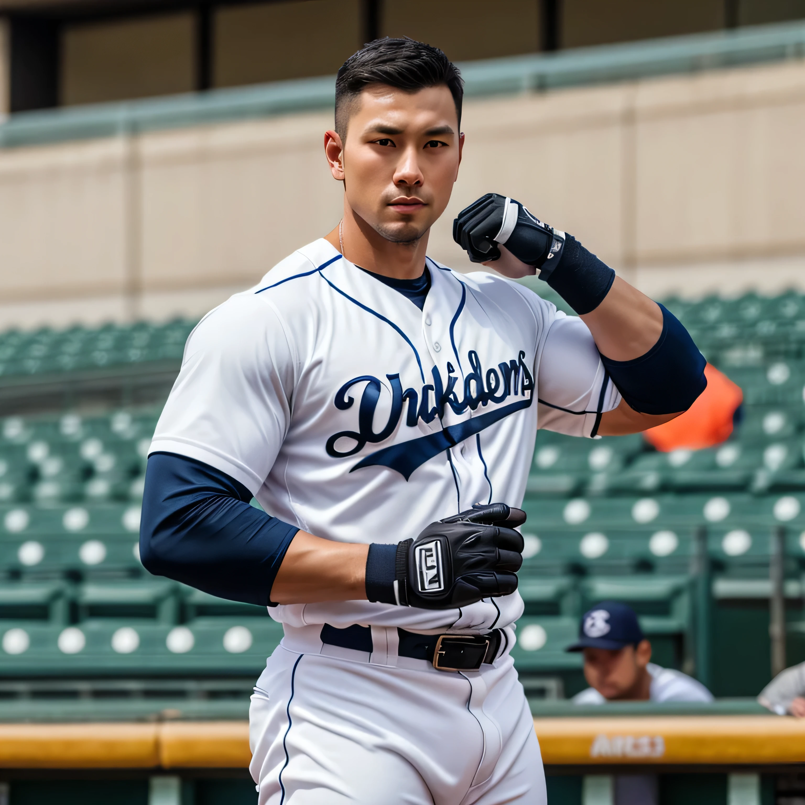 Arafed baseball player in uniform holding a bat on a field - SeaArt AI