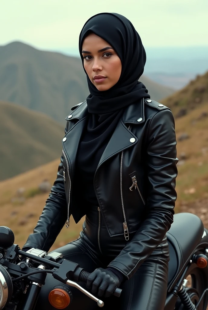 Portrait of young woman wearing black leather jacket wearing hijab ...
