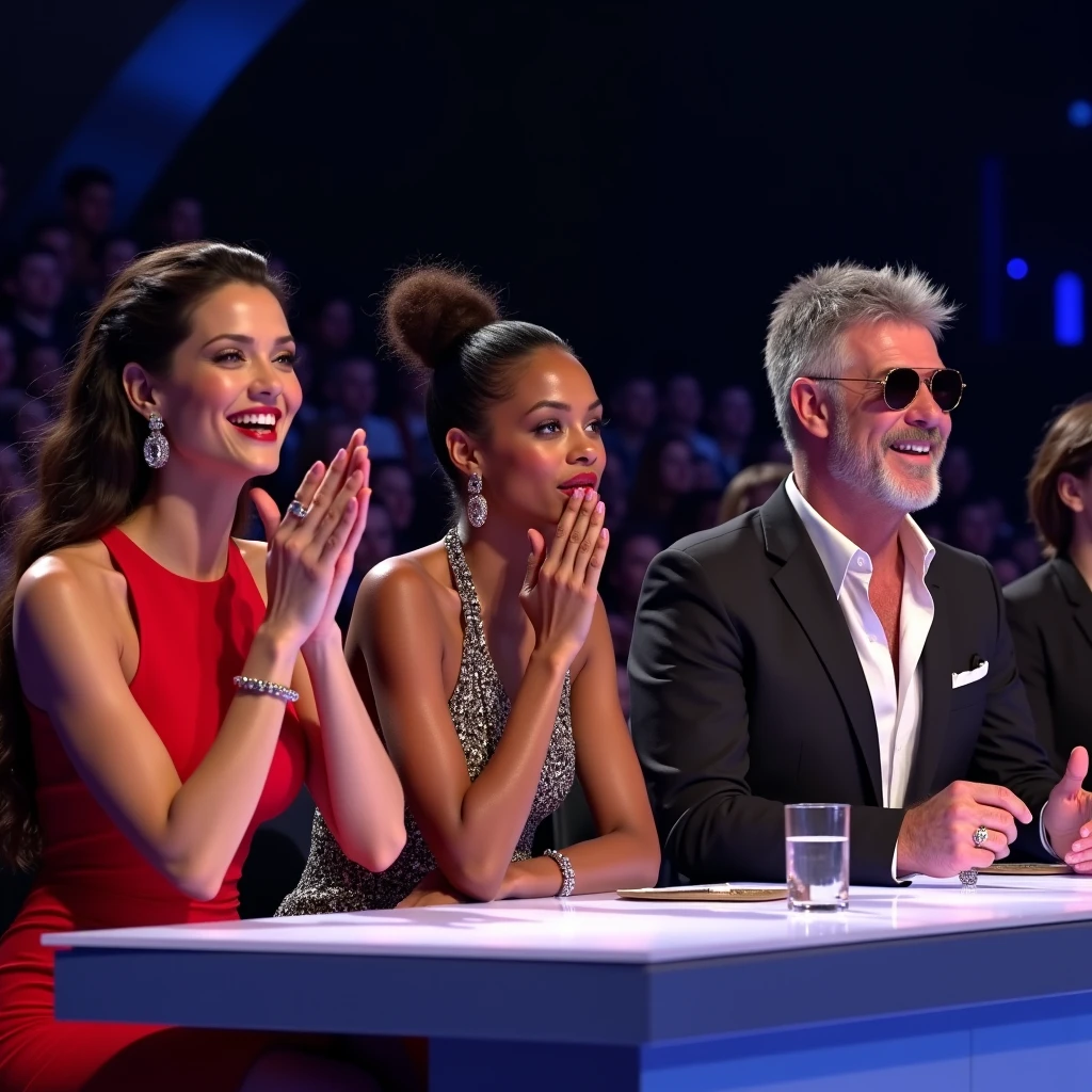 A panel of judges with varying reactions: one applauding ...