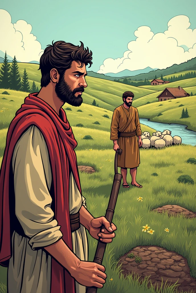 " A comic strip-style illustration showing Cain working in the fields ...