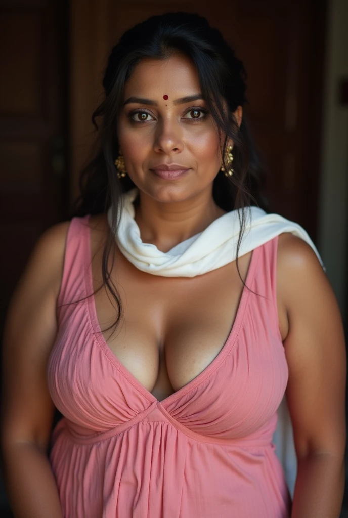 Photo of Voluptuous Mature Indian Aunty with dusky skin, wearing a tight pink sl - SeaArt AI