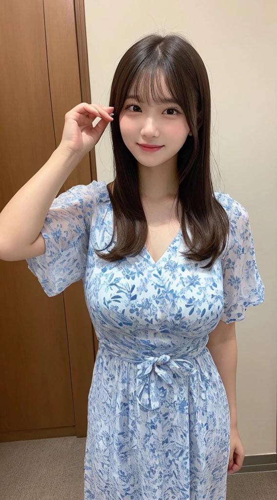 Close-up shot of a woman posing for a photo, standing with body facing ...