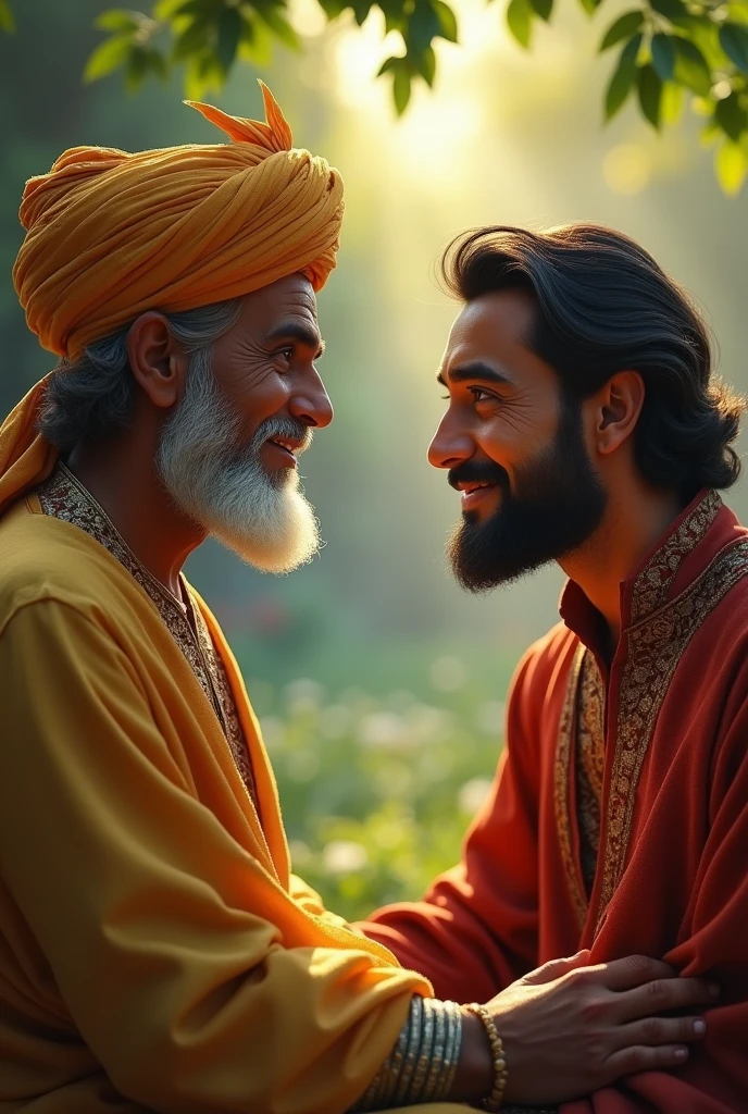 A close-up of Birbal smiling gently, his face radiating wisdom and ...