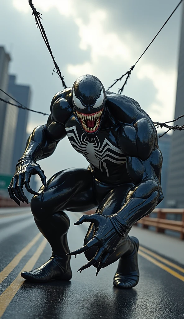 Venom manages to get his hands and feet bound by Spiderman's net on a ...