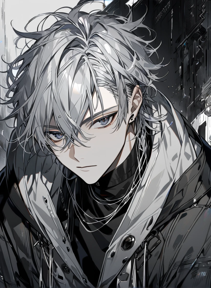 Handsome, solo, 1 man, silver hair, ((silver small hair strands - SeaArt AI