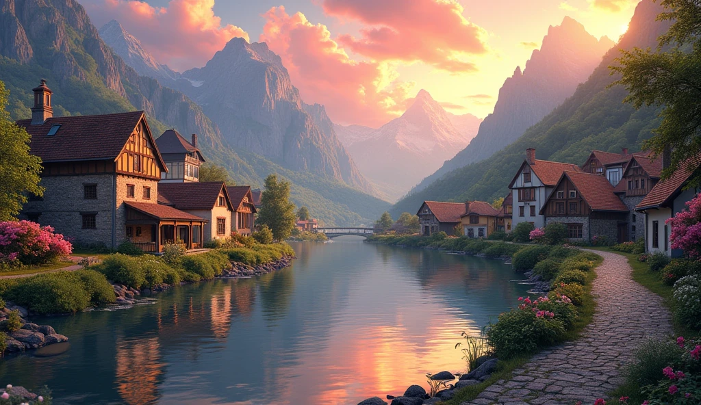 A small village by the river, mountains in the background, floral ...