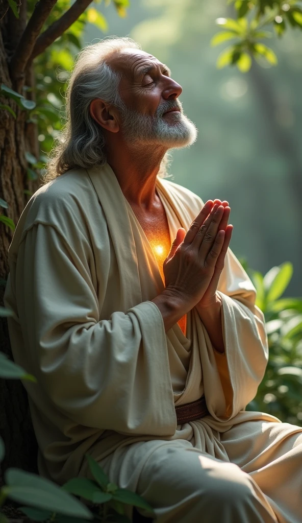An old man praying in a tranquil environment , with a sense of direct ...
