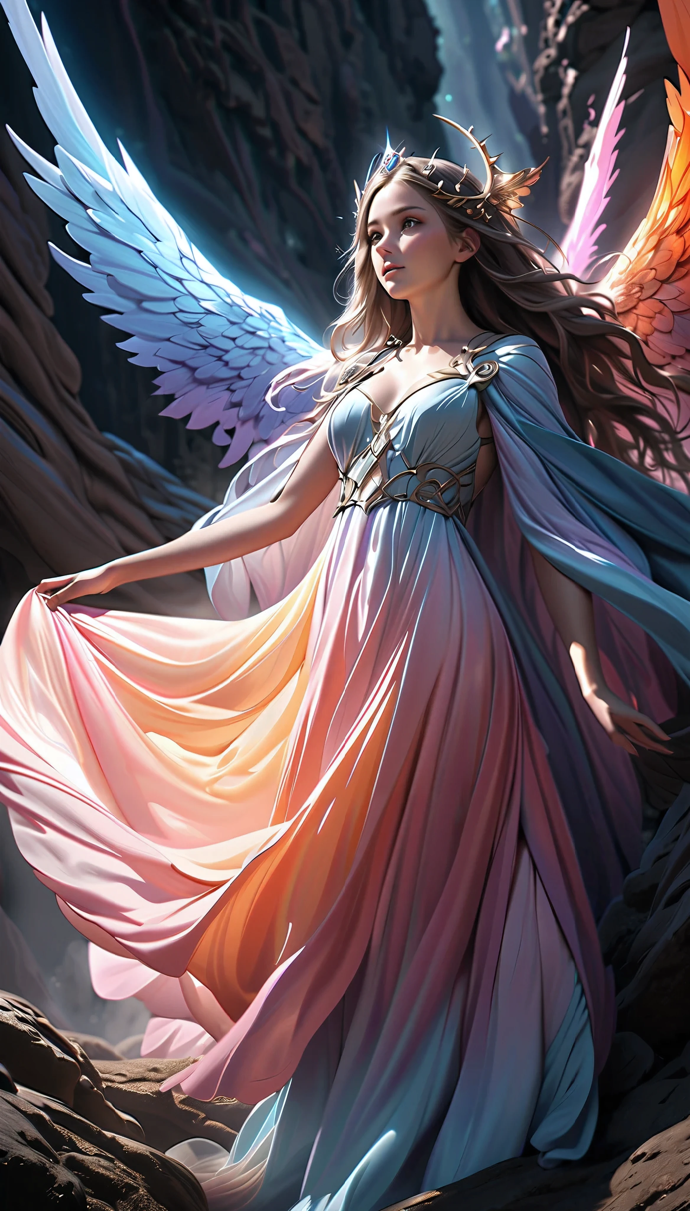 There is a woman in a dress with wings on a rock - SeaArt AI