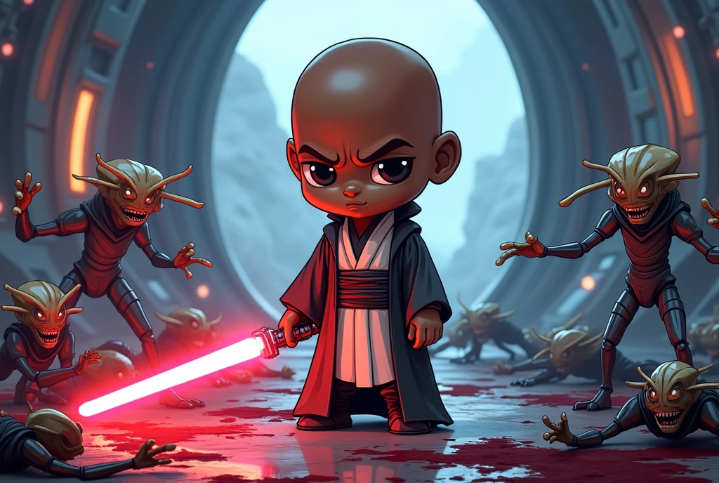 Create a full-body, Chibi /cartoon of the character "Mace Windu - SeaArt AI
