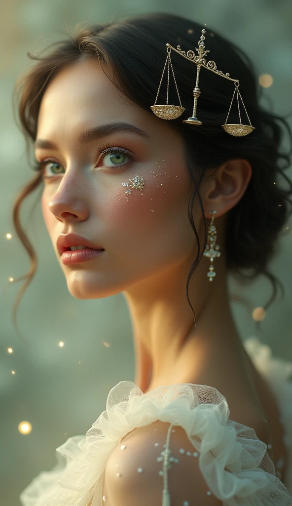A Libra woman with an elegant, ethereal look, her skin glowing with a ...