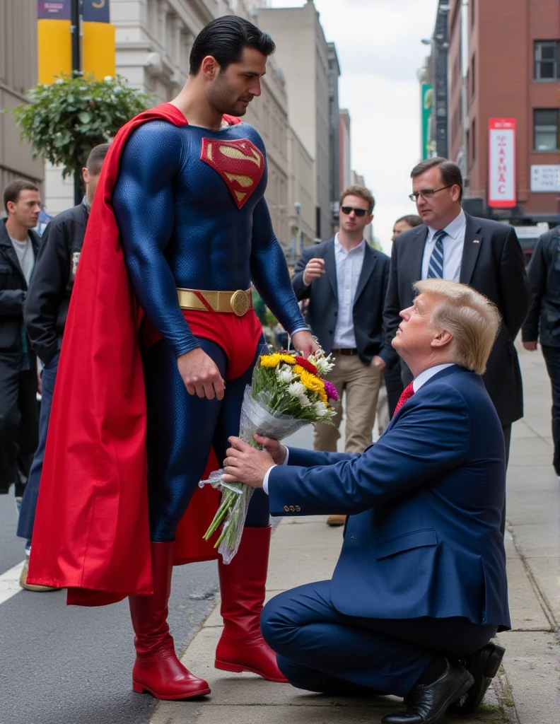 In a chaotic street scene, a buff man in a superman costume - SeaArt AI