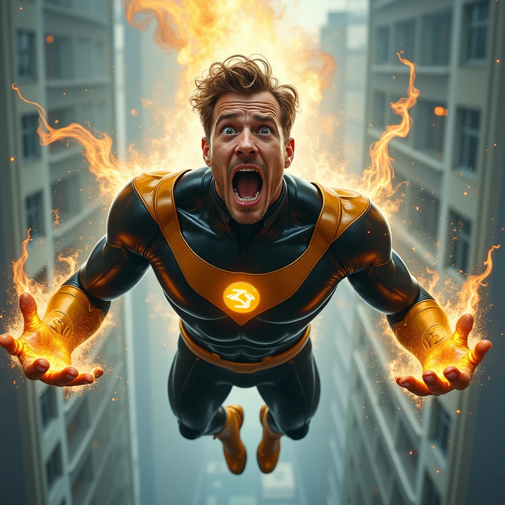 A superhero in a black and gold suit floating in the air , with a ...