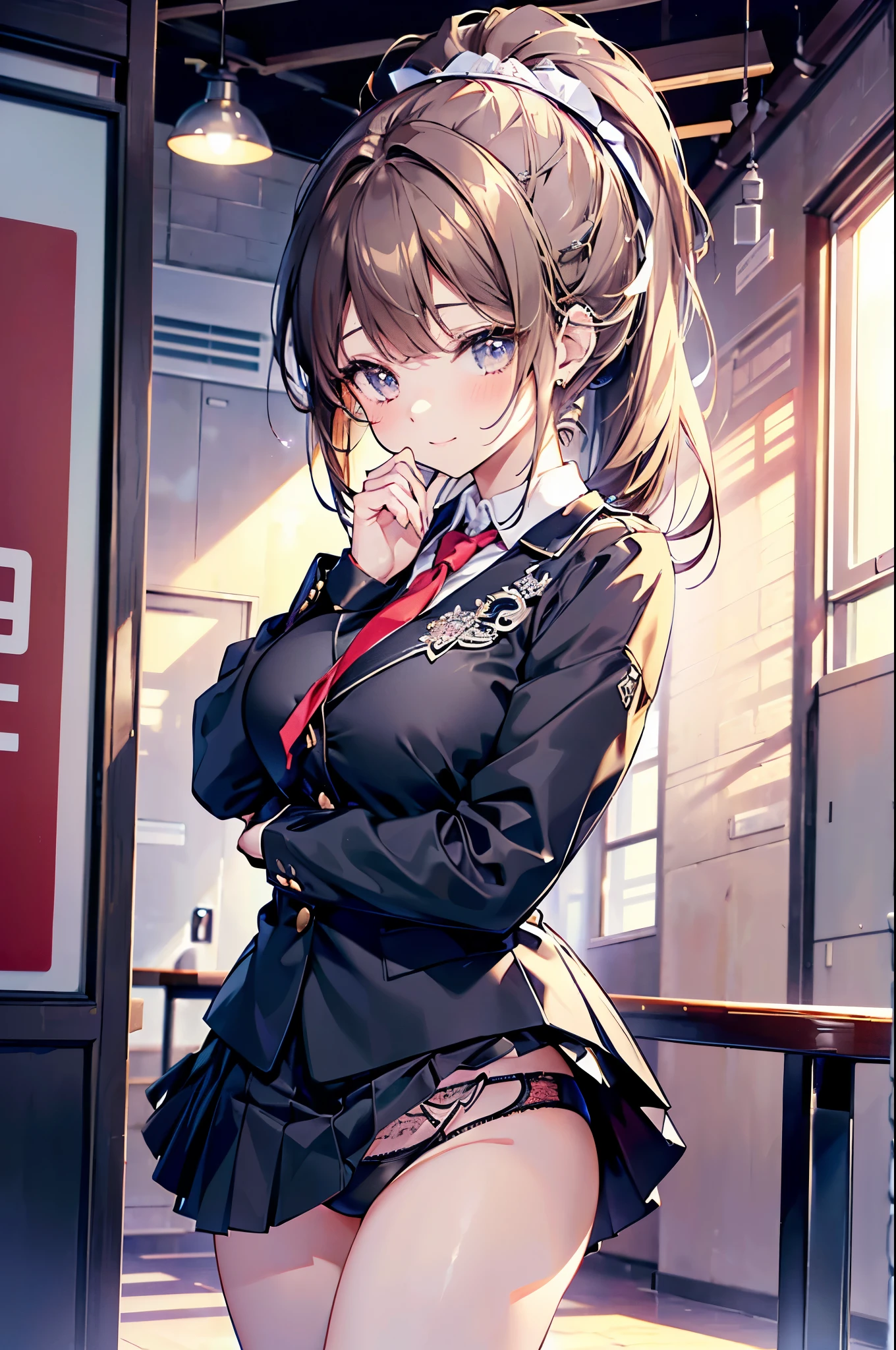 Anime girl in uniform posing in a train station with her arms crossed ...