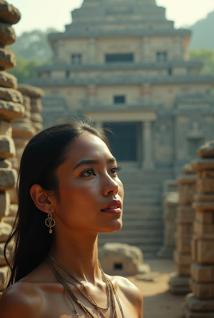 A beautiful Mayan woman in front of an Ancient Mayan ruins, a ...