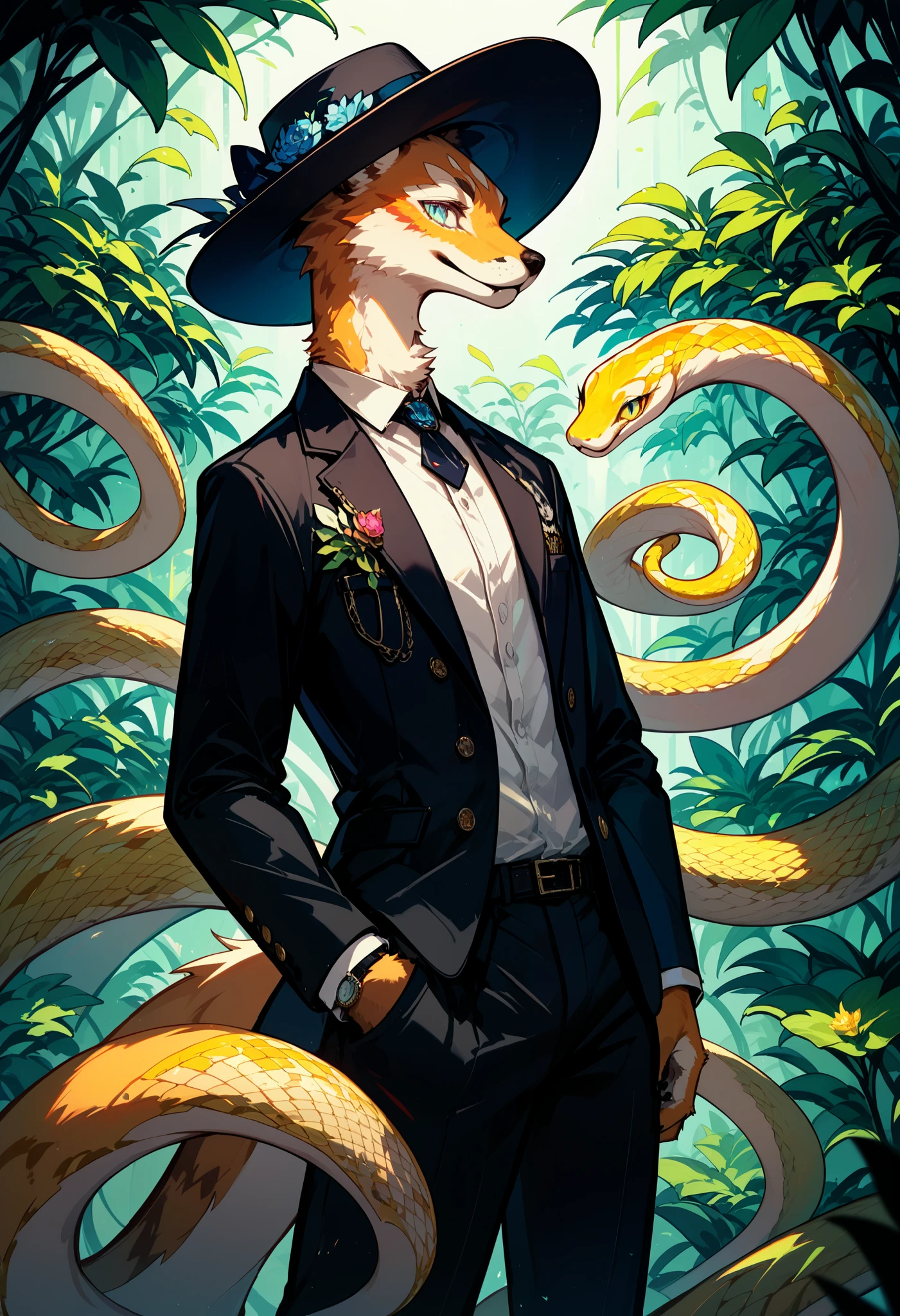 There is a man in a suit and hat standing in a jungle - SeaArt AI