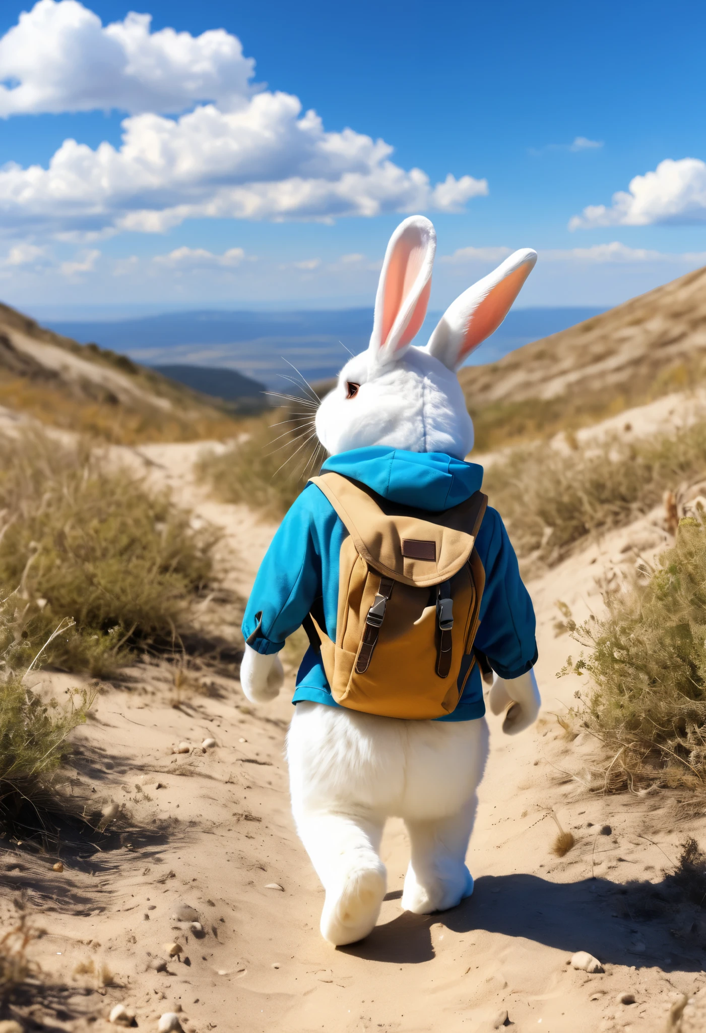 Araffe rabbit with a backpack walking on a trail in the desert - SeaArt AI