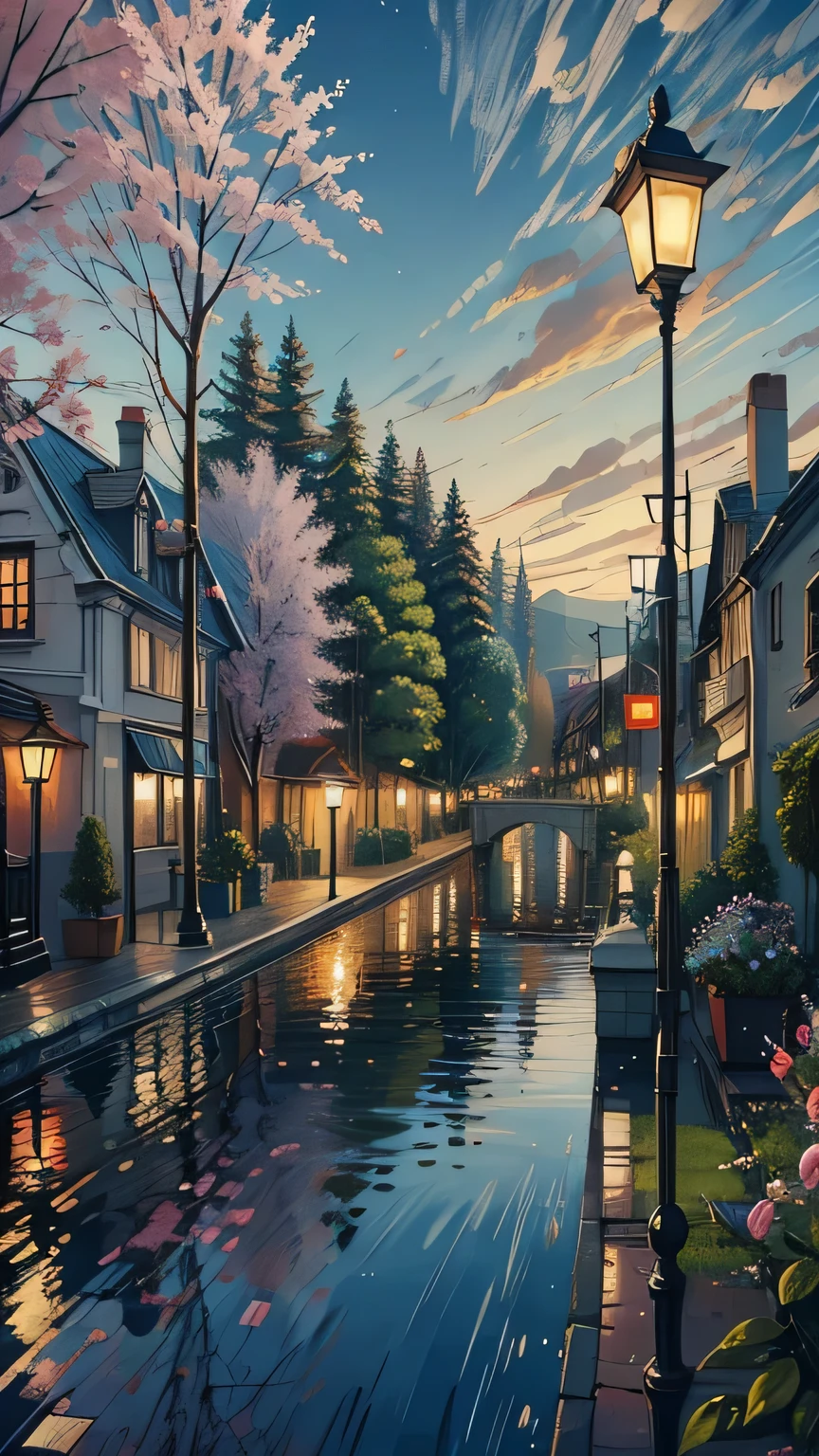 Painting of a street with a lamp post and a river - SeaArt AI