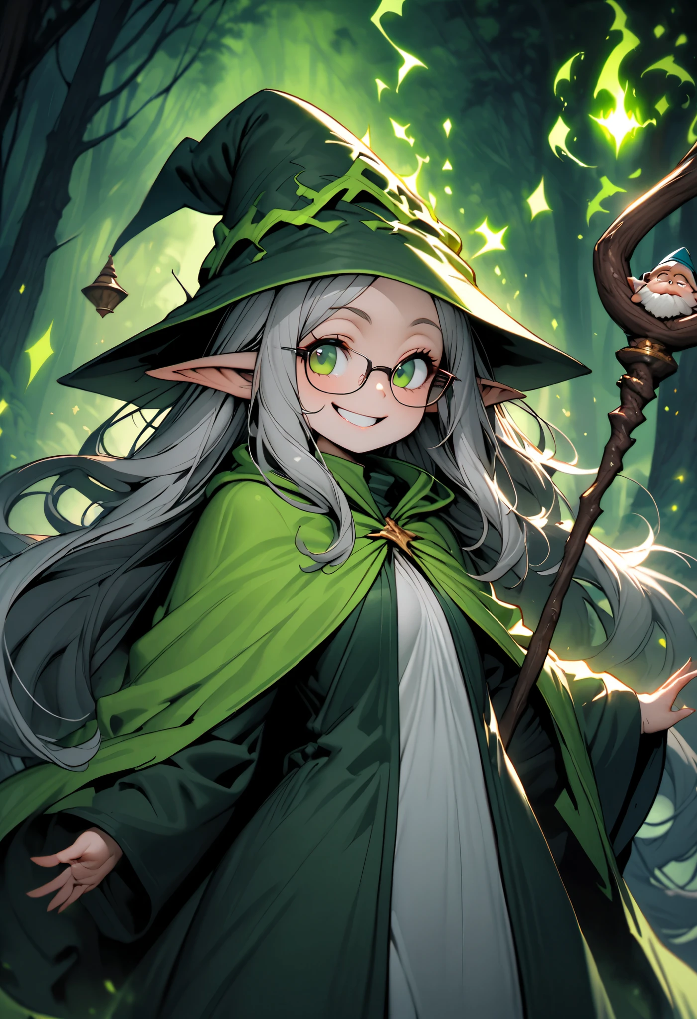 Witch with a staff and a green hat in a forest - SeaArt AI