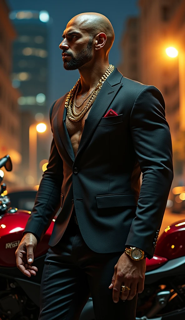 A strong, muscular man in a suit, with a gold chain around his neck ...