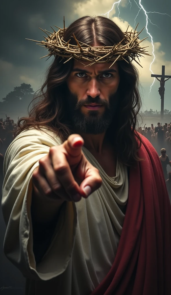 A dramatic and realistic portrait of Jesus Christ in the foreground ...