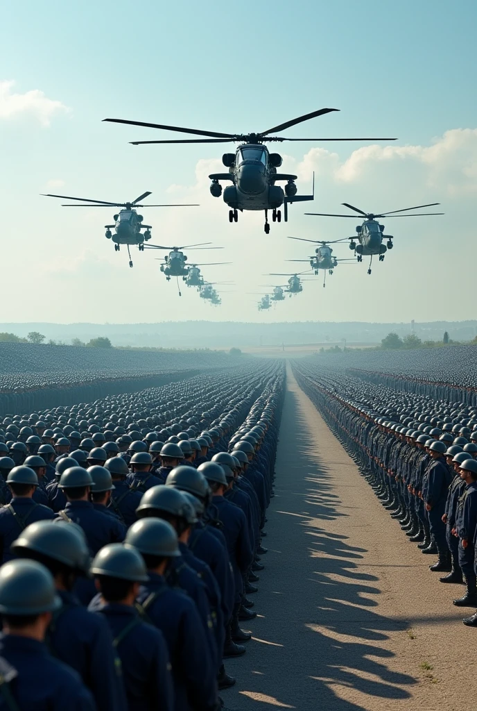 Military army with lots of helicopters flying through the air and ...