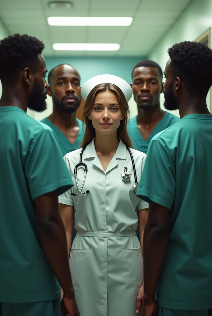 A shyly smiling white teenage 18 years old nurse surrounded by 7 black ...