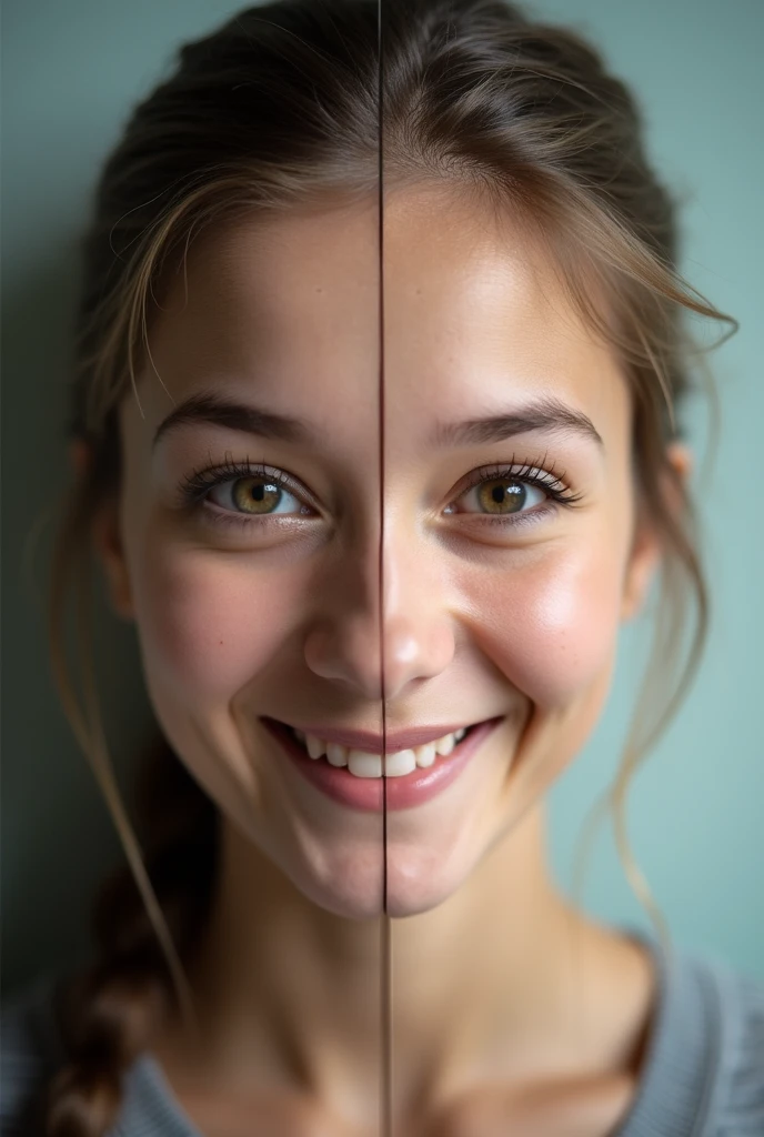 A split portrait of two faces overlapping, one beaming with a warm ...