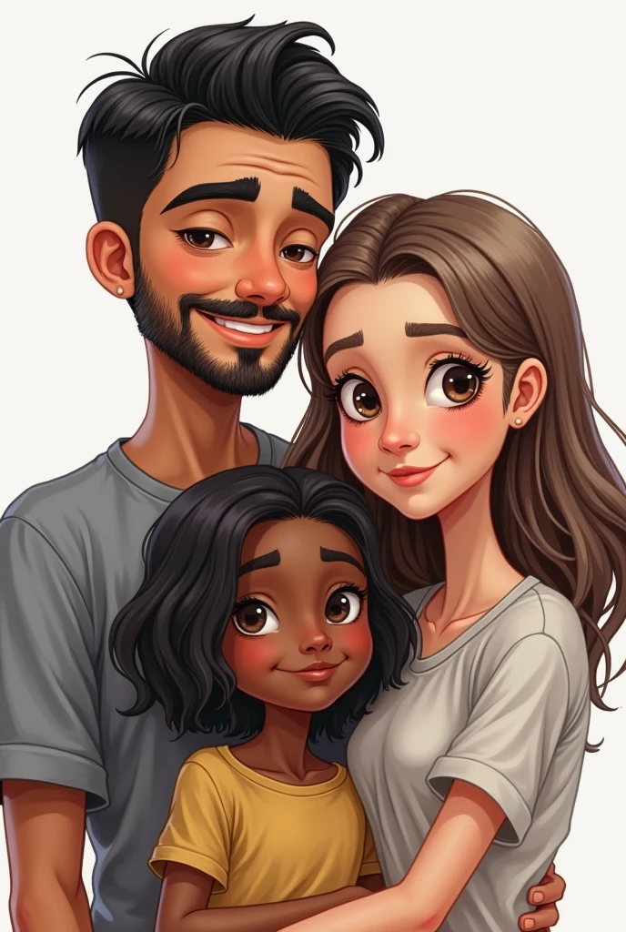 A realistic drawing-like image of a family of 3 people: a brunette ...