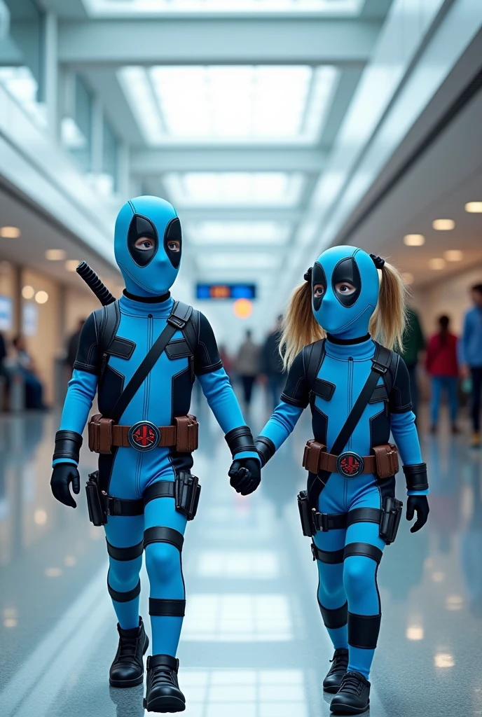boy and girl wearing light blue deadpool outfits, walking together ...