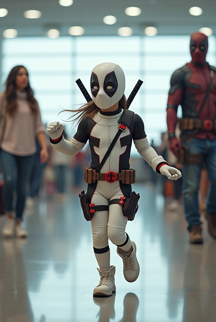 with little girl wearing white deadpool outfit,dancing, airport ...