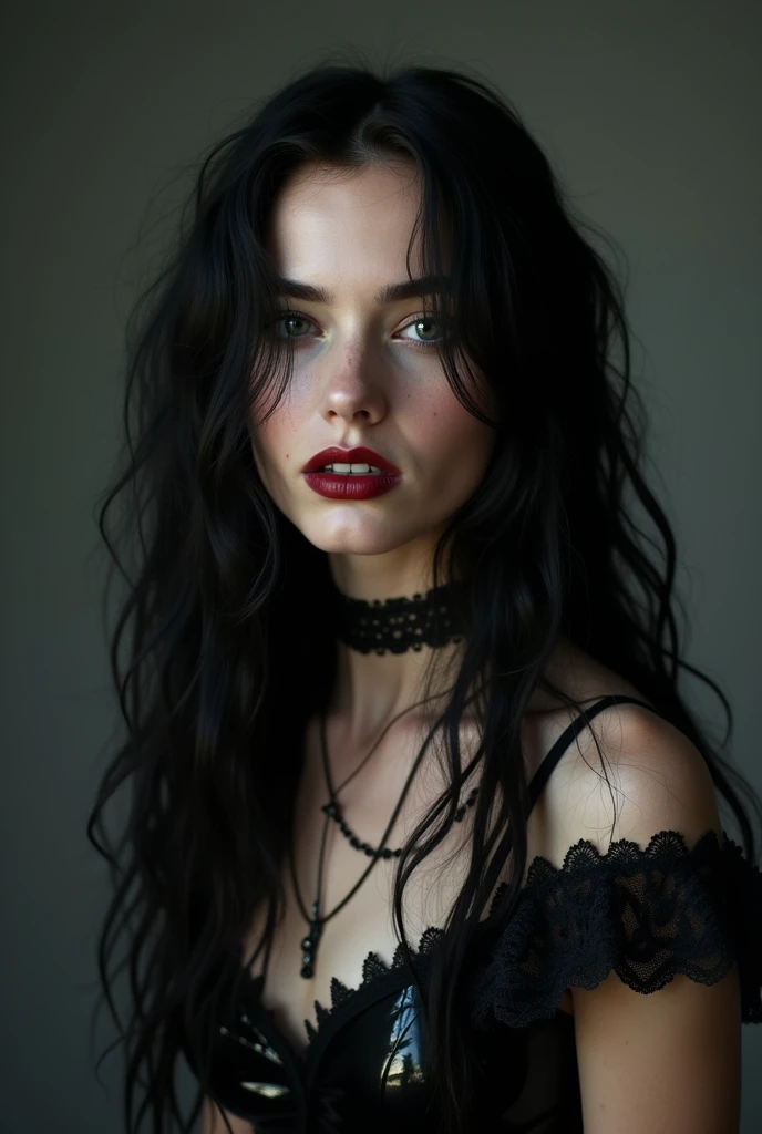 Create a teenage gothic girl, with black lace hair, looking at the ...