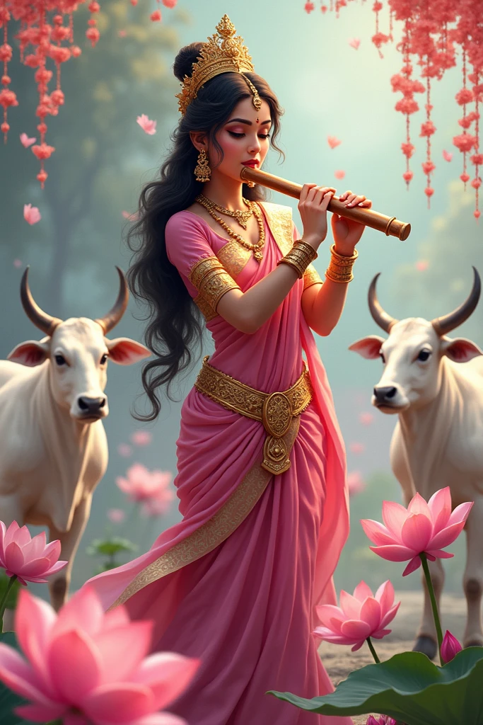 The image is a digital illustration of a Hindu goddess, Lakshmi - SeaArt AI