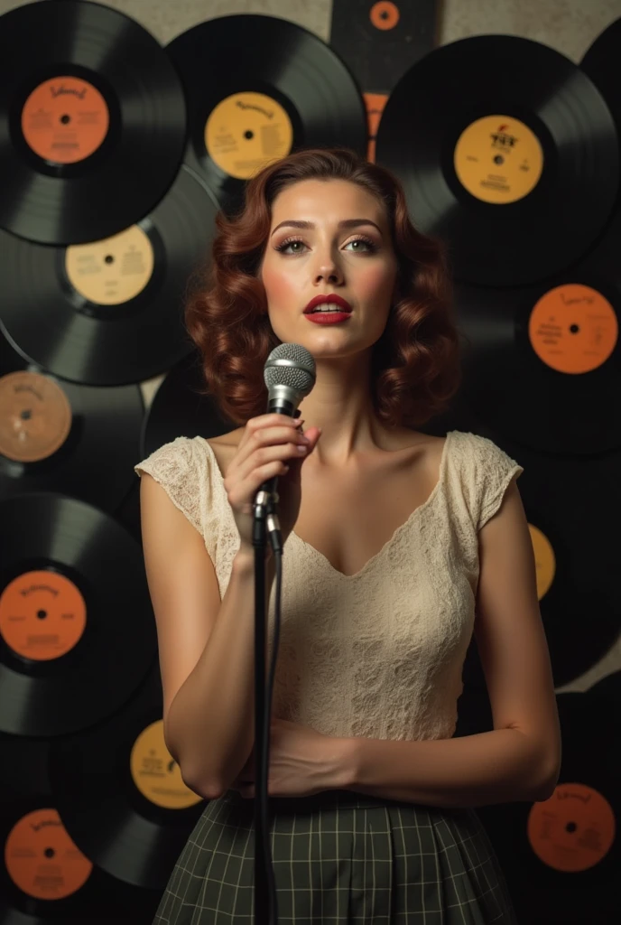 This image captures a beautifully styled singer, imbued with the charm ...