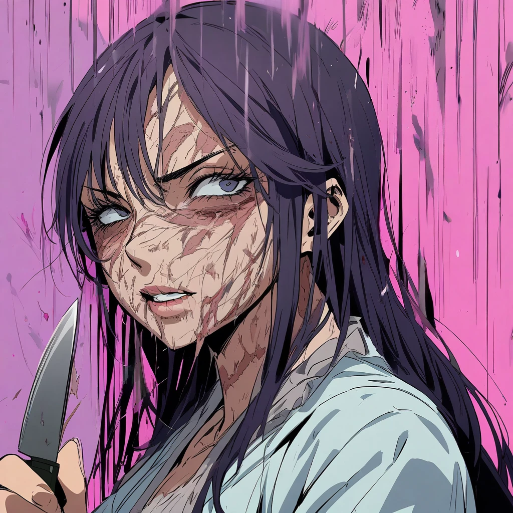 A woman with a face mask, full of scars, holding knives, transmitting a psychoti - SeaArt AI