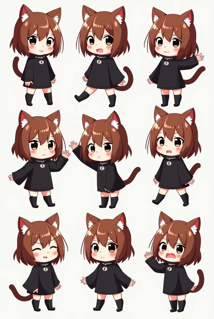 Generate chibi anime-style emotes of a girl with brown hair and cat ...