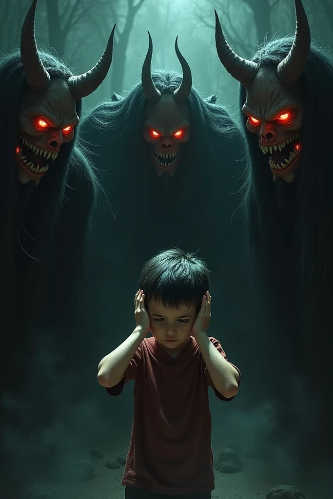Boy covering his ears , with demon-faced people around him - SeaArt AI