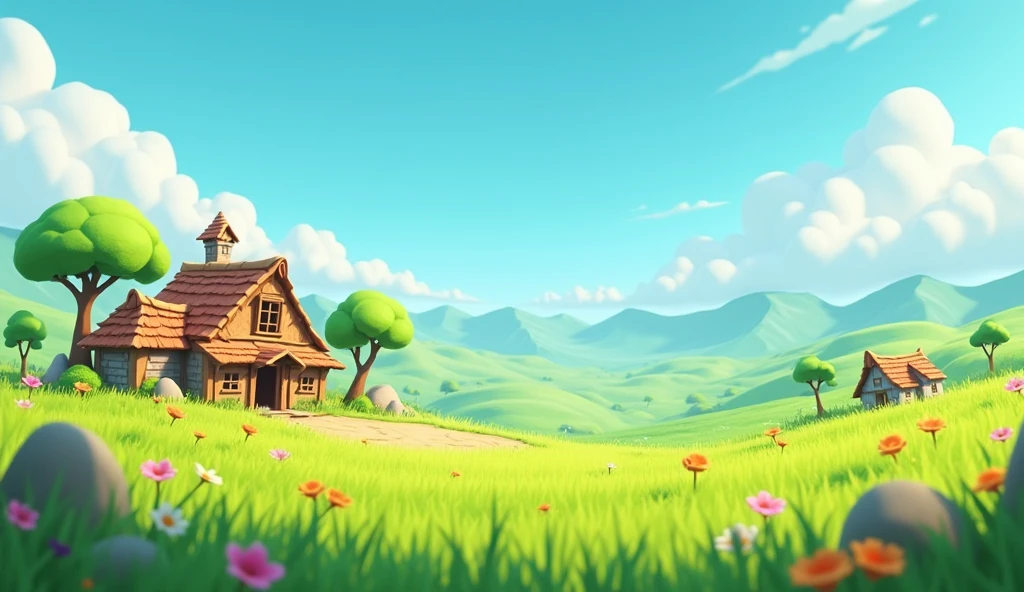 3DCartoon游戏场景背景图，front，grassland，Plains，village，desolate，Cartoon ...