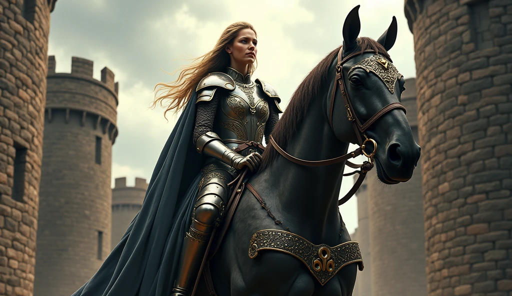 Beautiful medieval woman in armor, riding war horse in a castle wall ...
