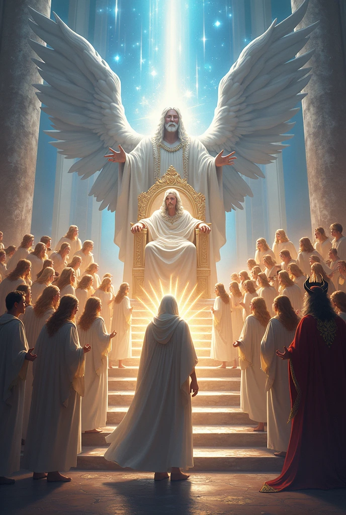 A heavenly council , with luminous angels and God seated on a majestic ...