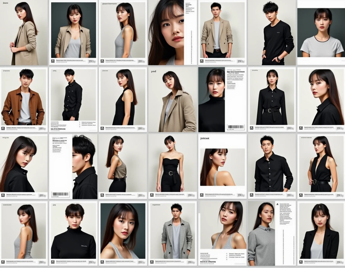 A collection of sleek and modern model comp cards arranged in a grid ...