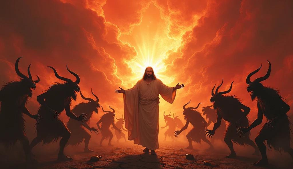 Jesus and demons in hell fire - SeaArt AI
