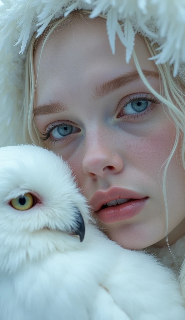Close-up portrait of a with pale, almost ethereal skin and light blue ...