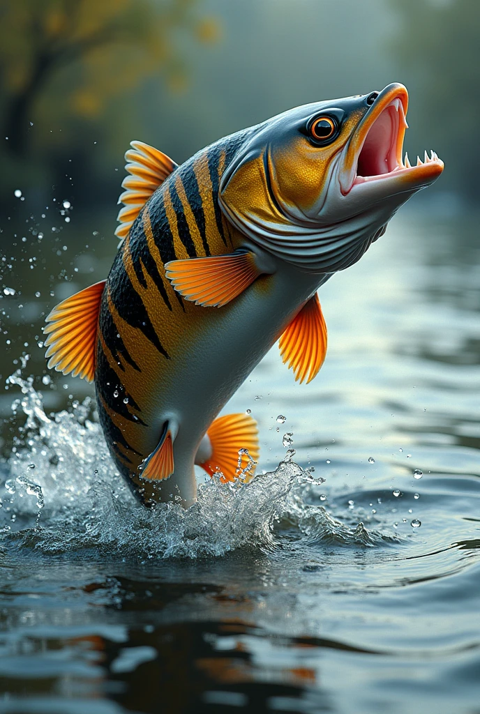 Artwork of an realistic freshwater tiger fish jumping out of water ...