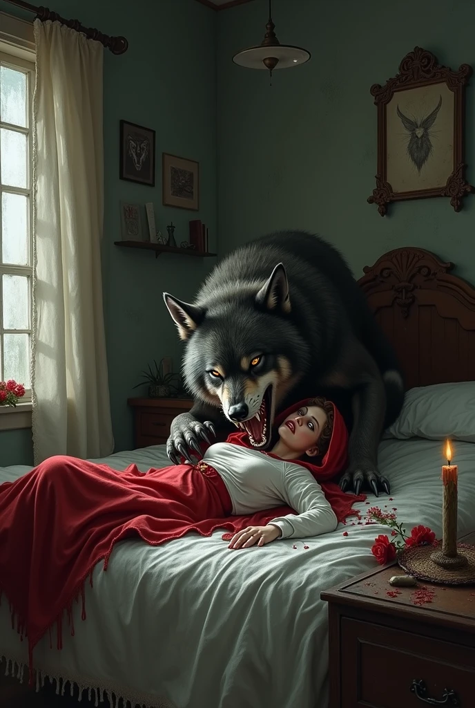 Make a picture of the wolf eating Little Red Riding Hood lying on a bed ...