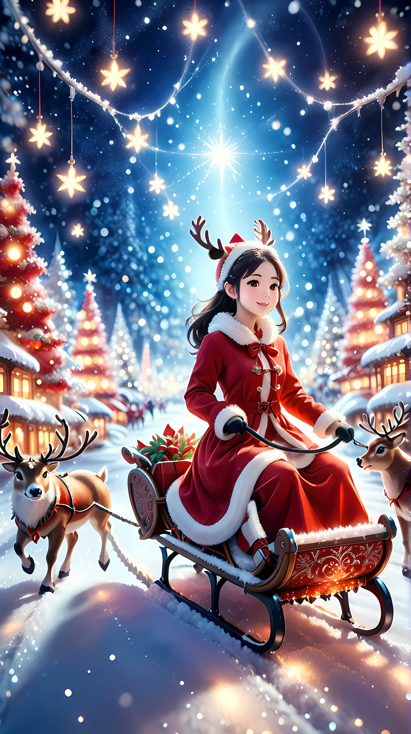 Anime girl in santa outfit riding a sleigh with reindeers - SeaArt AI