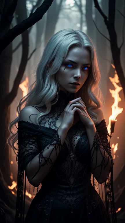 A mysterious and ethereal woman with strikingly blue glowing eyes ...