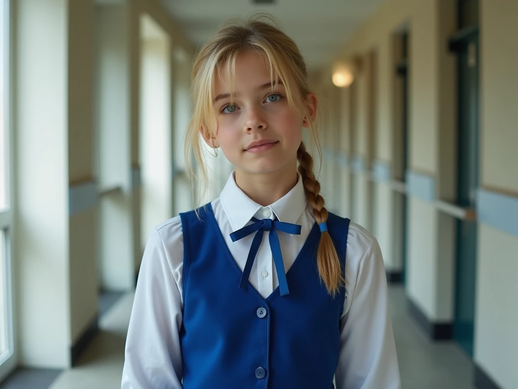 Very sweaty blonde school girl, wearing a white long sleeve blouse and ...