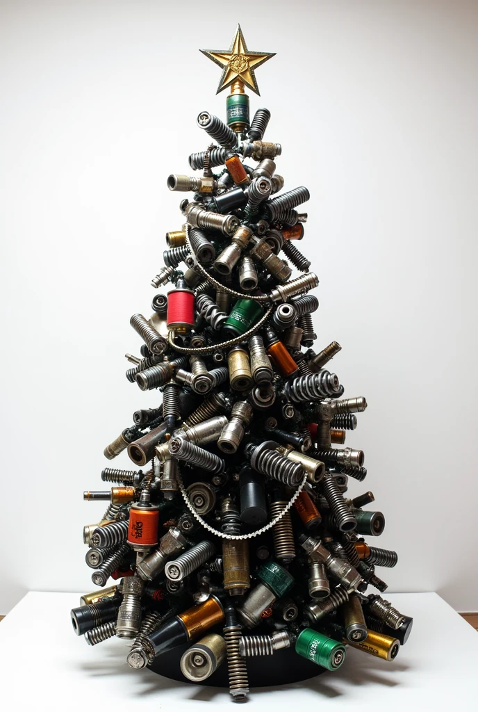 Christmas tree decorated with car oil filters shock absorbers springs ...